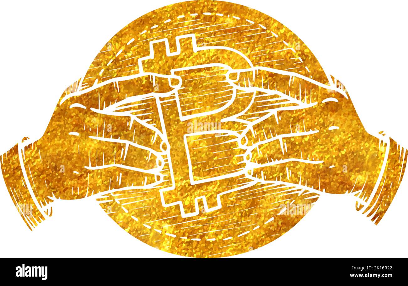 Hand holding bitcoin coin in gold foil texture vector illustration ...
