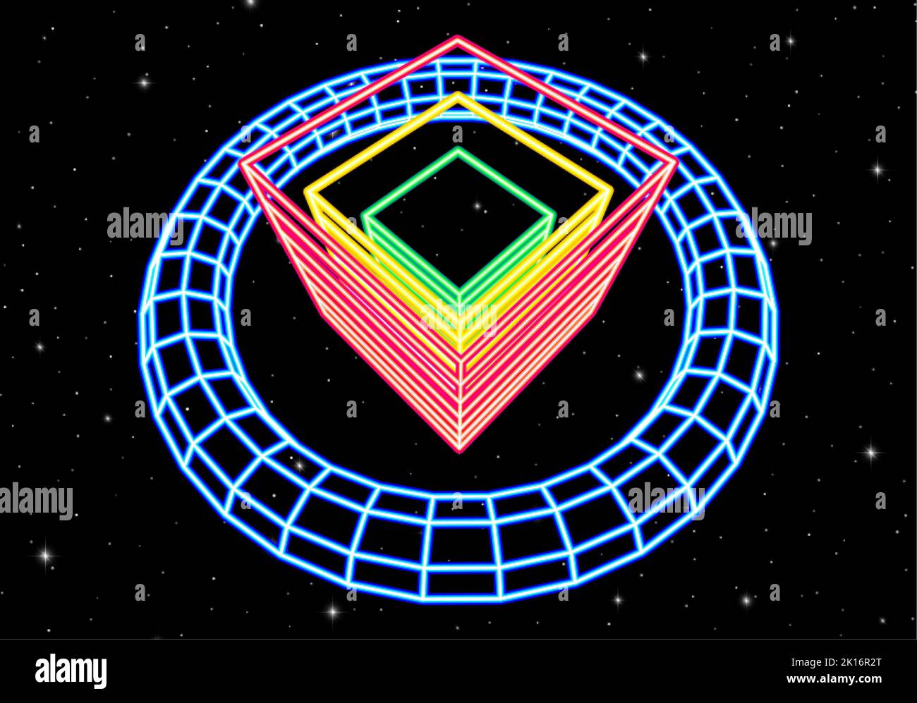 Abstract neon shapes in retro space. 80s or synthwave styled neon ...