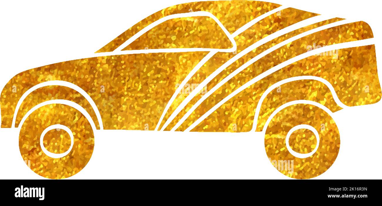 Hand drawn Rally car icon in gold foil texture vector illustration ...