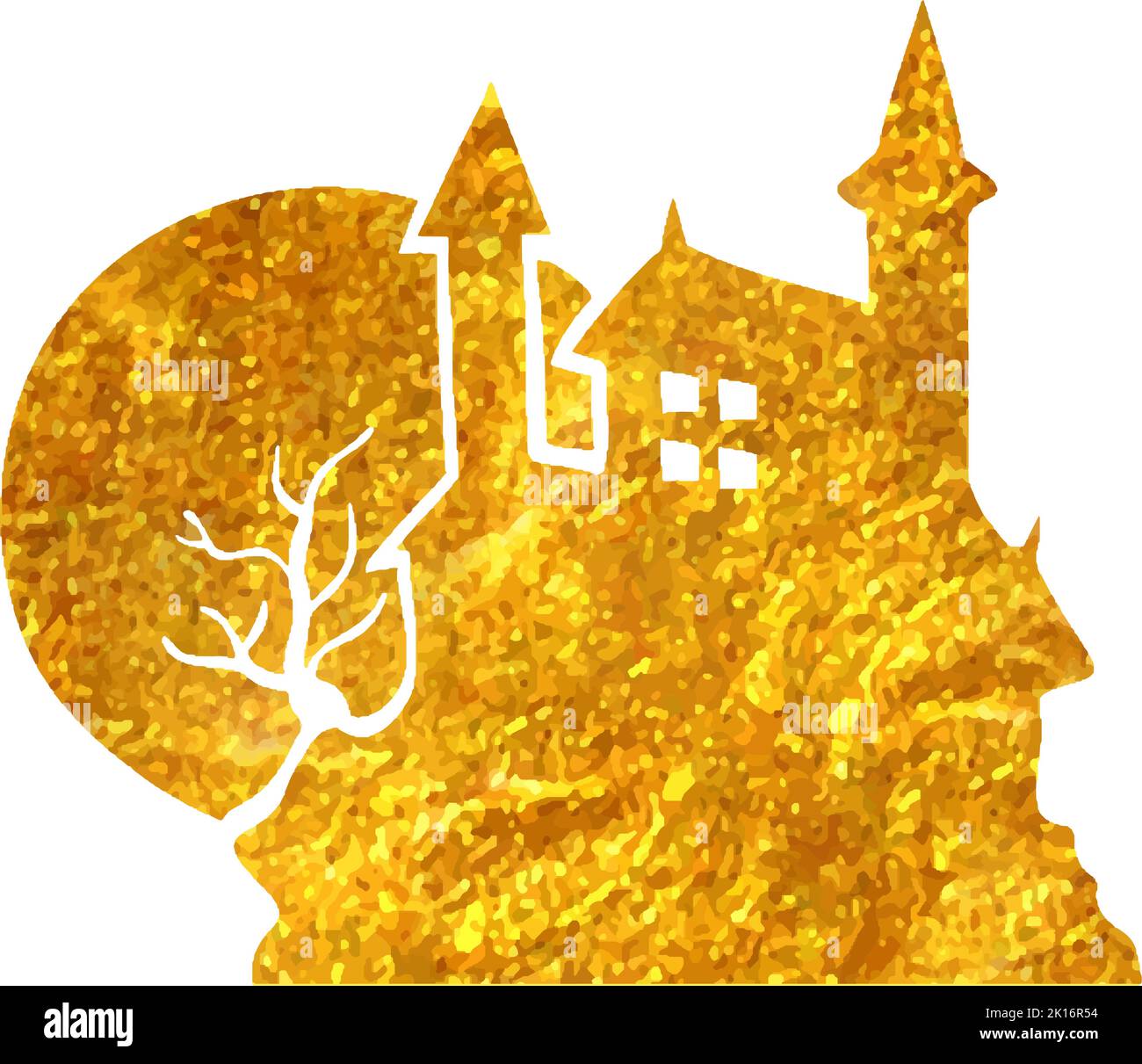 Hand drawn Dark castle icon in gold foil texture vector illustration ...