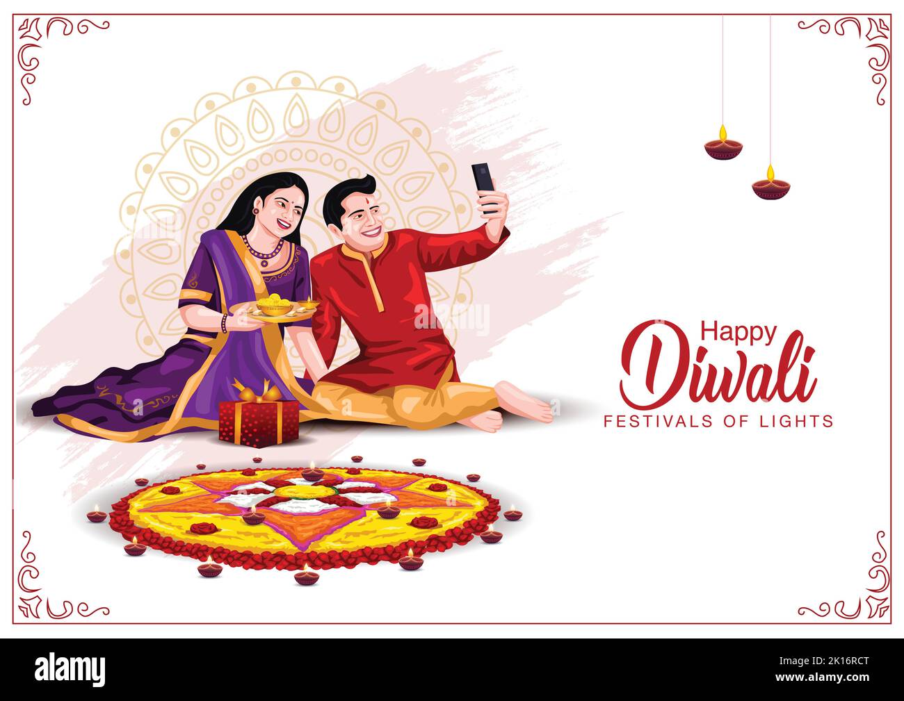 Indian family celebrate Diwali festival background with decorated ...