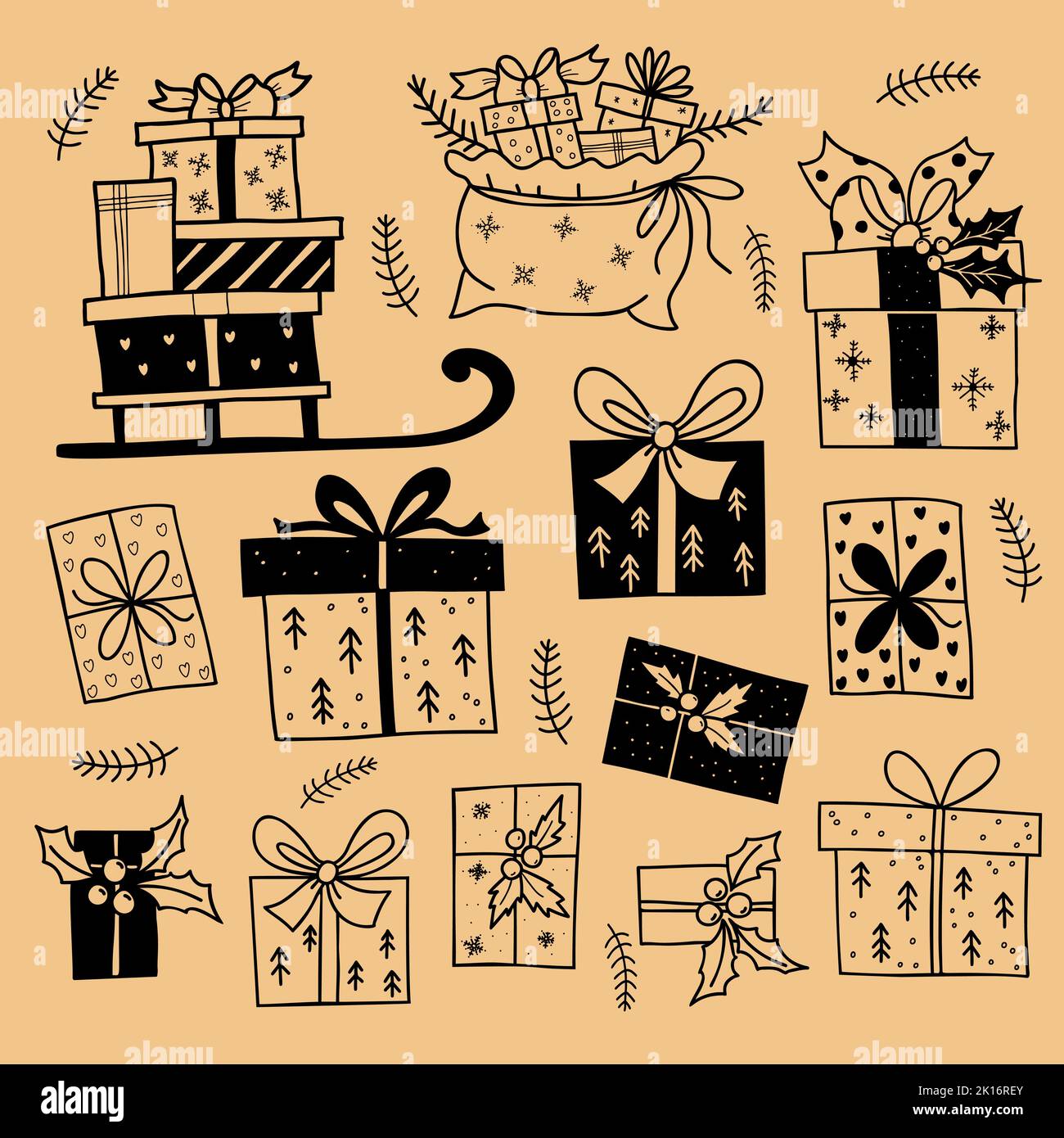 Vector collection of Christmas gifts, fabulous sleigh, santas gift bag ...