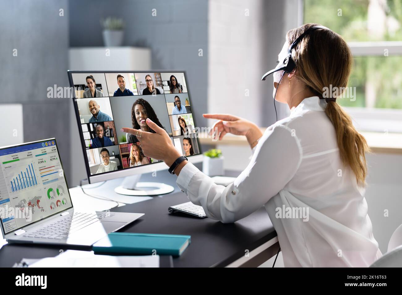 Online Video Conference Virtual Meeting On Multiple Screens Stock Photo ...