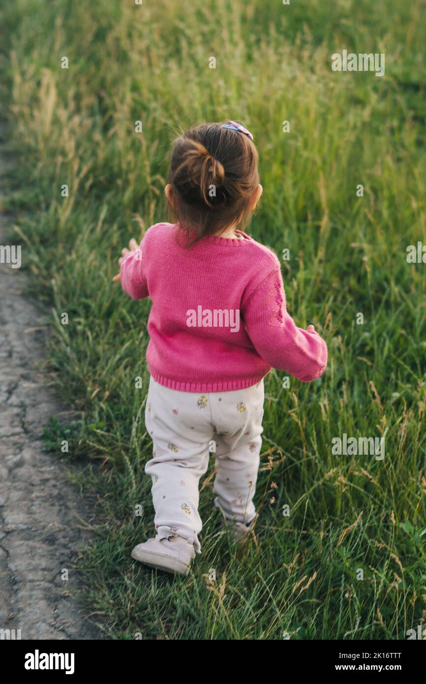 Rear view of a baby girl walking on a village path. Happy family ...