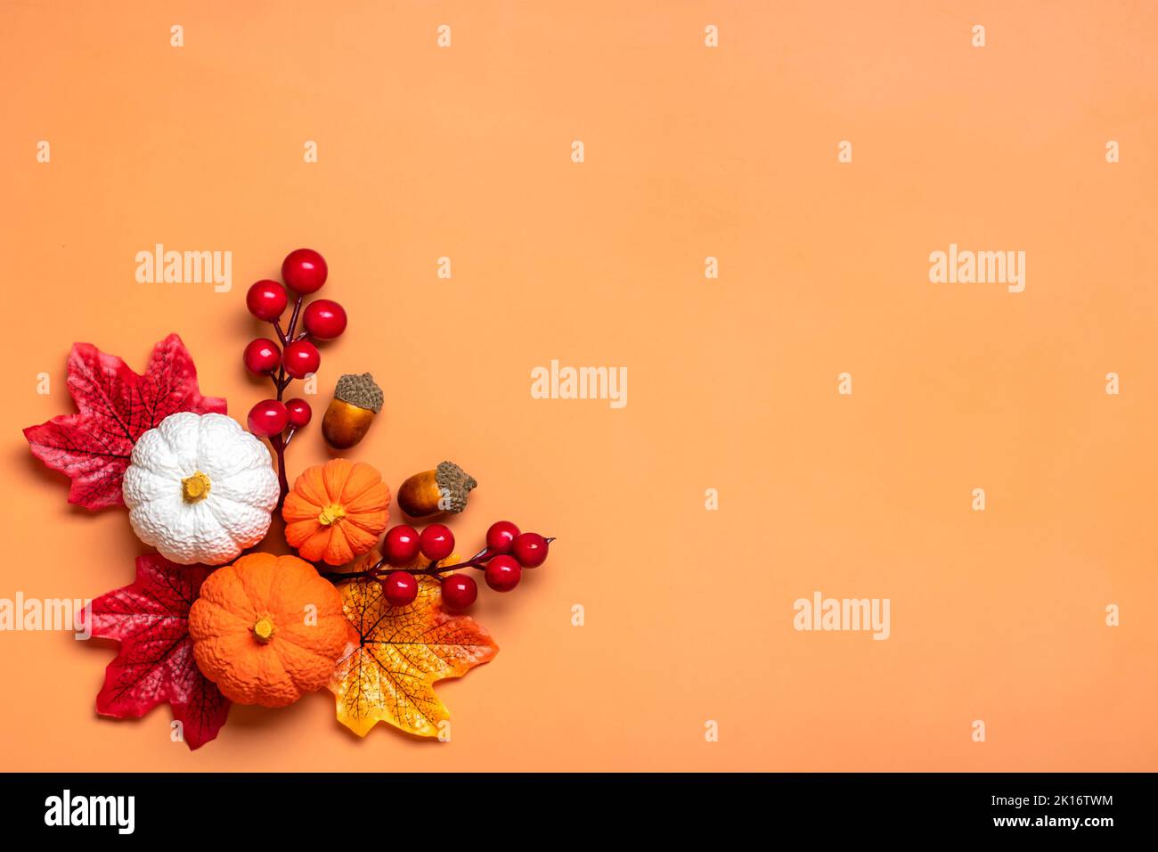 Autumn bouquet of acorns, berries, maple leaves, pumpkins isolated on ...