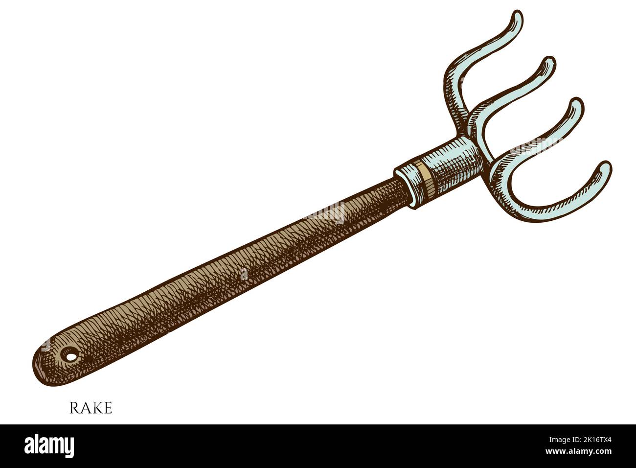 Gardening hand drawn vector illustrations collection. Colored rake ...