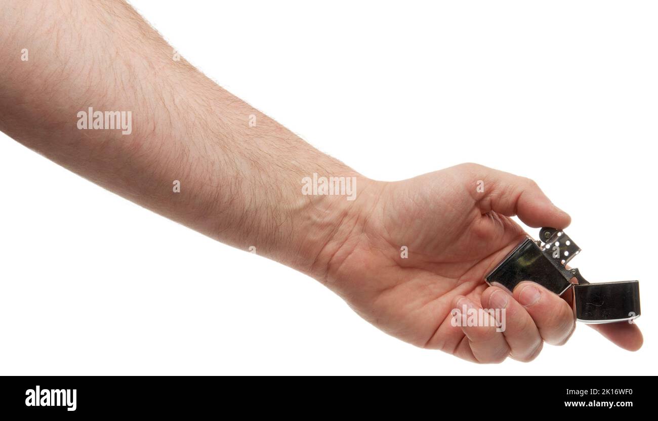 Hand hold holding lighter, isolated on white background with clipping ...