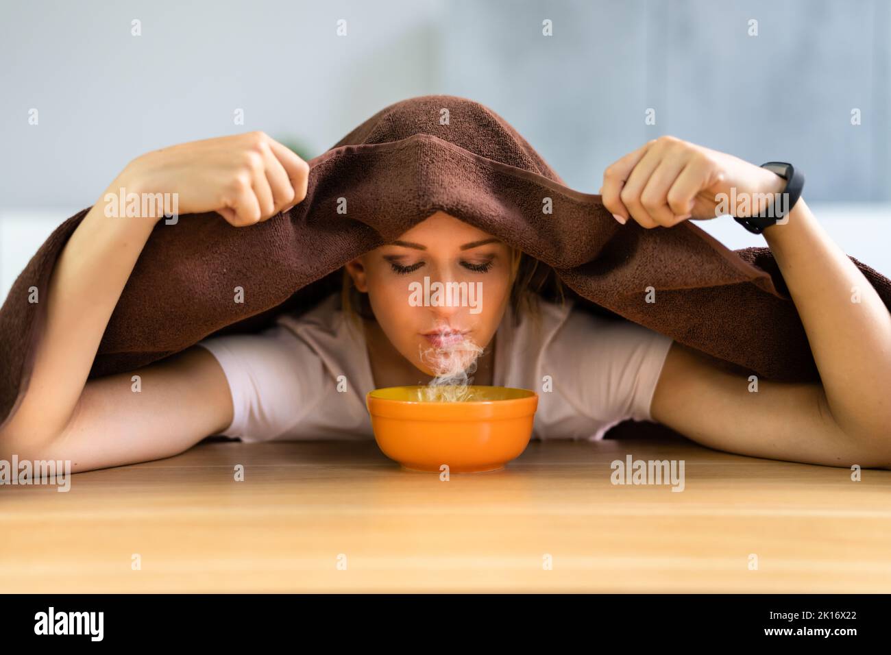 Woman Doing Inhalation Alternative Herbal Medicine Using Steam Bowl ...