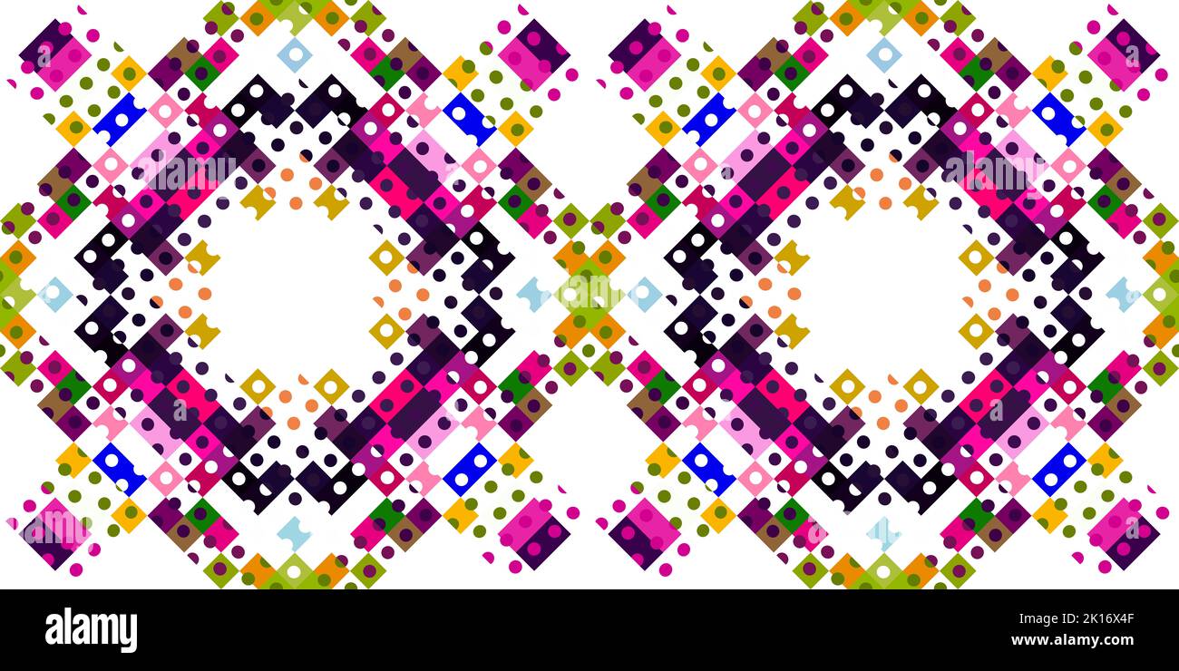 Whimsical geometric pixel pattern. Playful fun kaleidoscopic pink ...