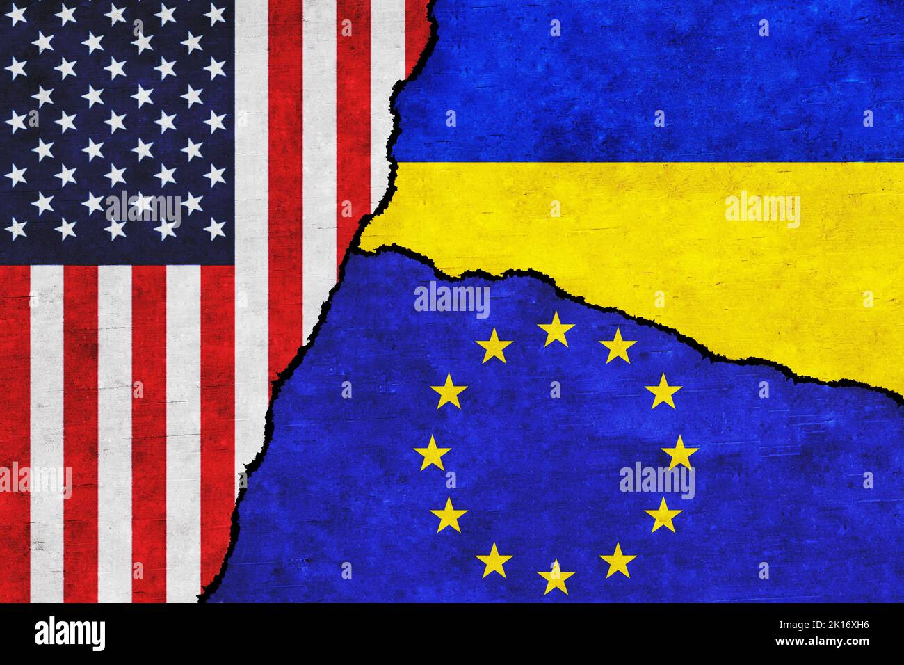 USA, EU and Ukraine flags together. United States of America, Ukraine ...