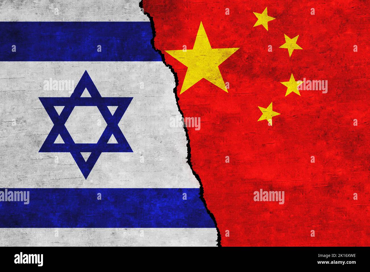 Israel and China painted flags on a wall with a crack. Israel and China ...