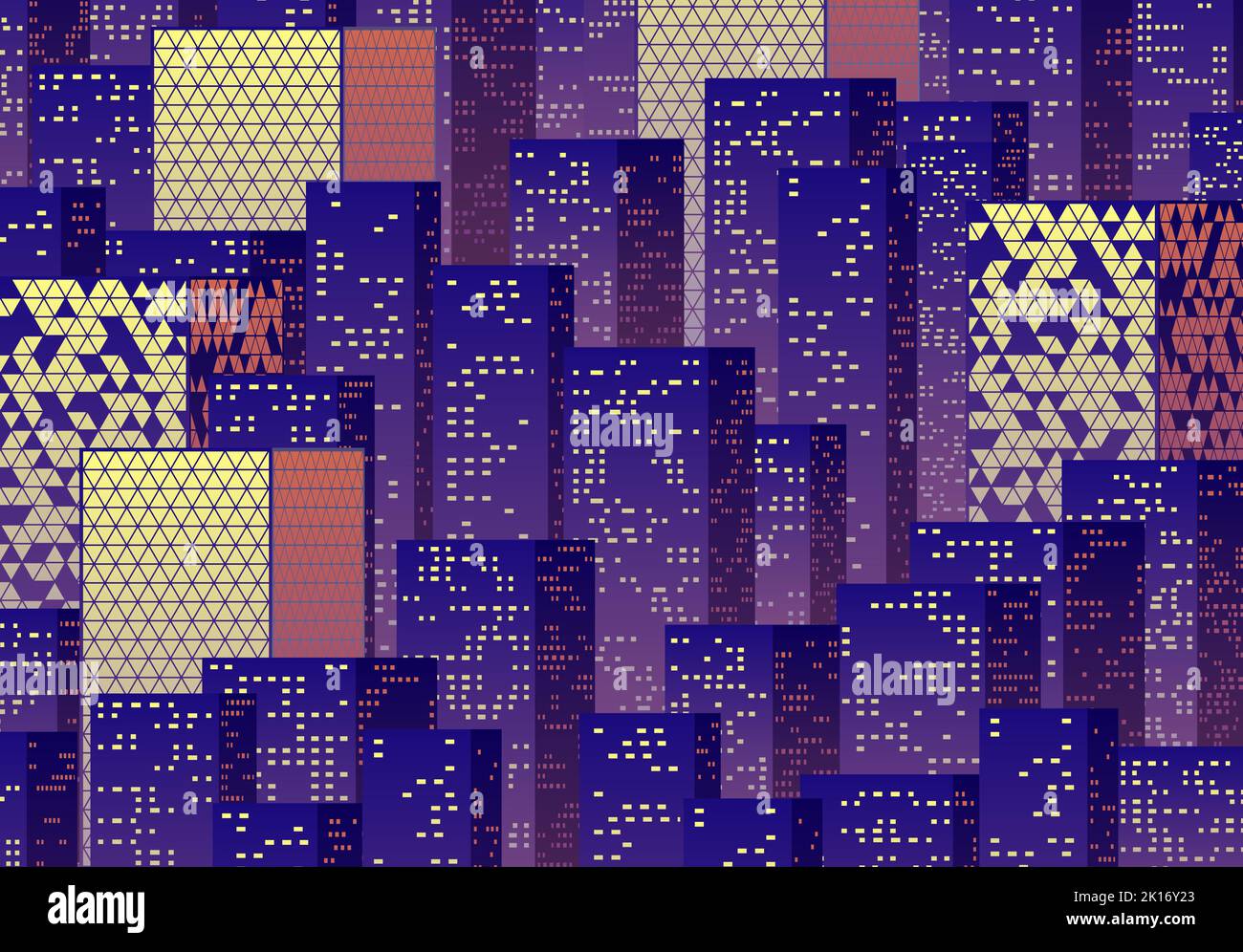 Neon night in the business city with skyscrapers. Purple highrise ...