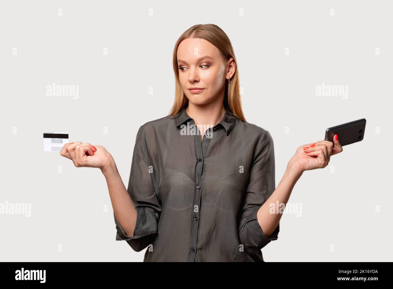 Mobile banking. Confused female client. Transfer security. Personal ...