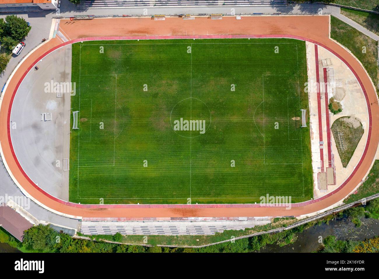 Aerial top view of soccer football sports recreation field ground, city ...