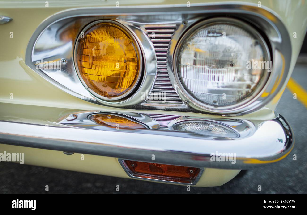 Vintage Car Front Detail. Classic car headlights close-up. Headlights ...