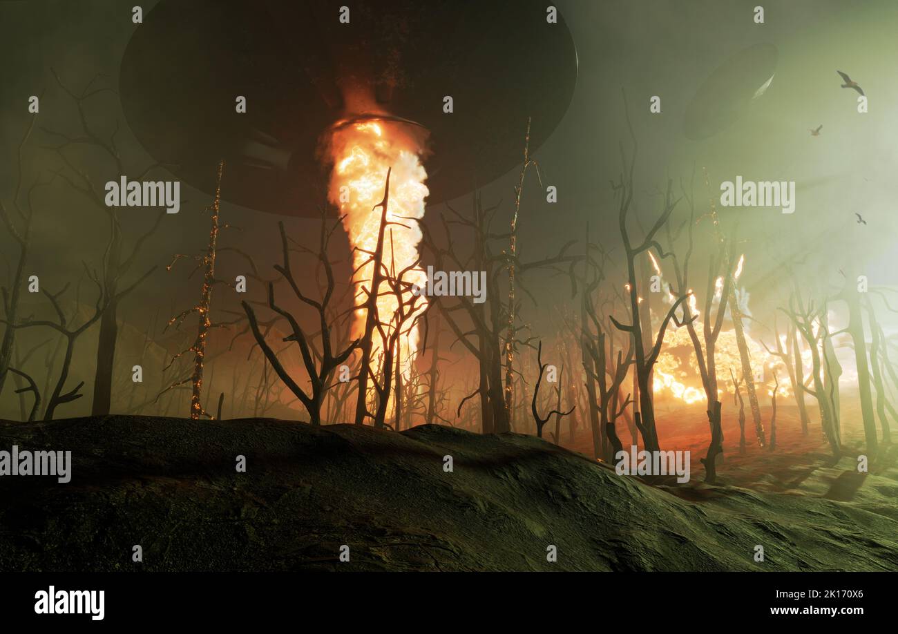 UFO flying over forest on fire Stock Photo - Alamy