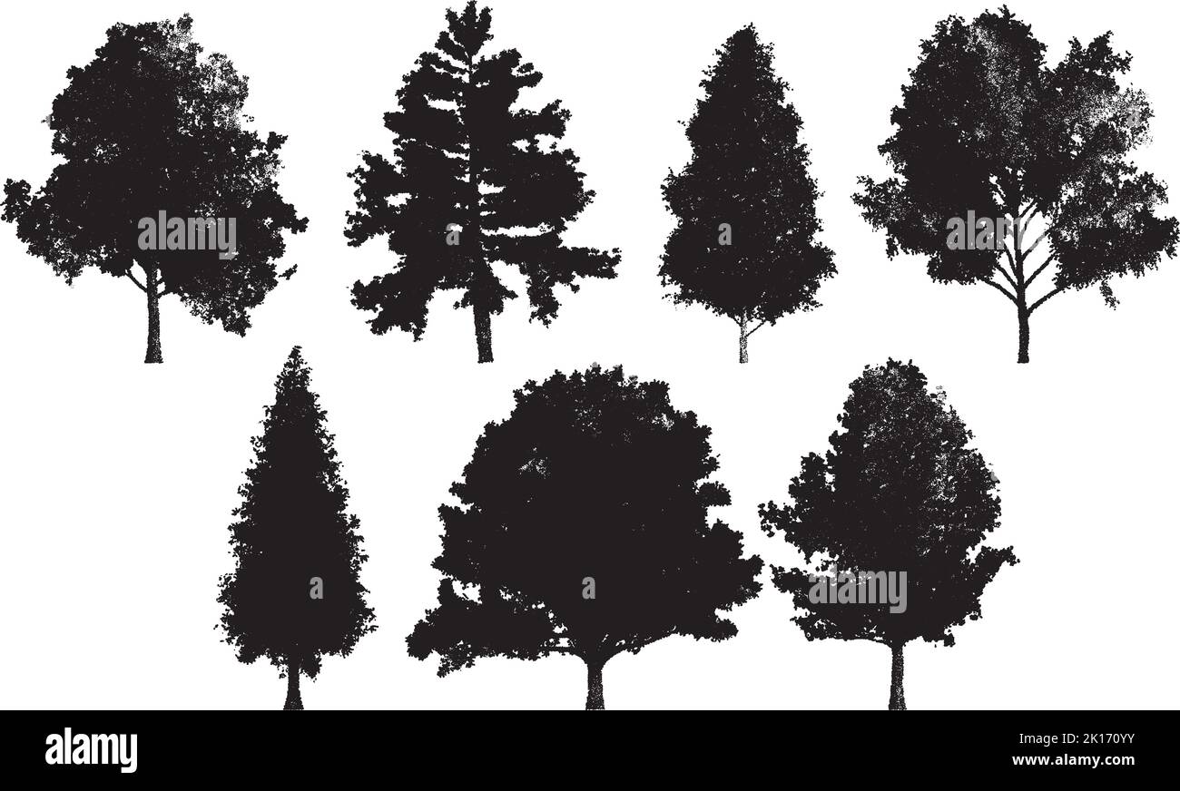 Set of tree silhouettes in dotwork style. For the forest or park ...
