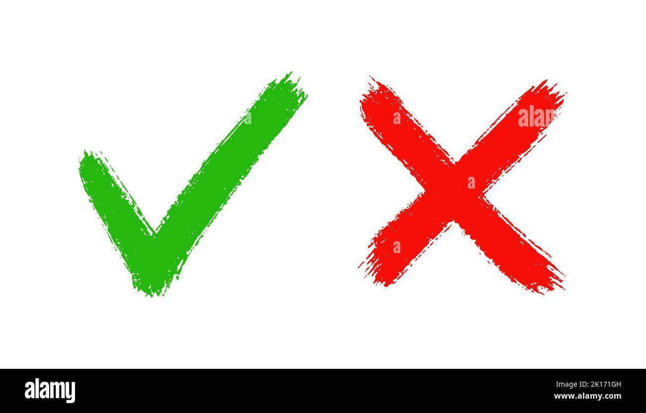 Grunge hand drawn tick check and cross mark. Brush drawn symbols OK ...