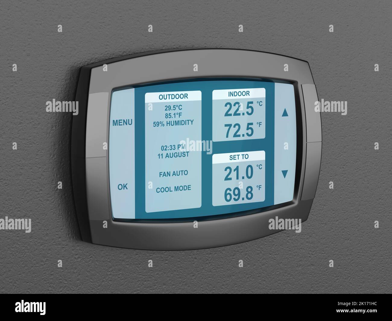 Black smart thermostat on dark wall Stock Photo - Alamy