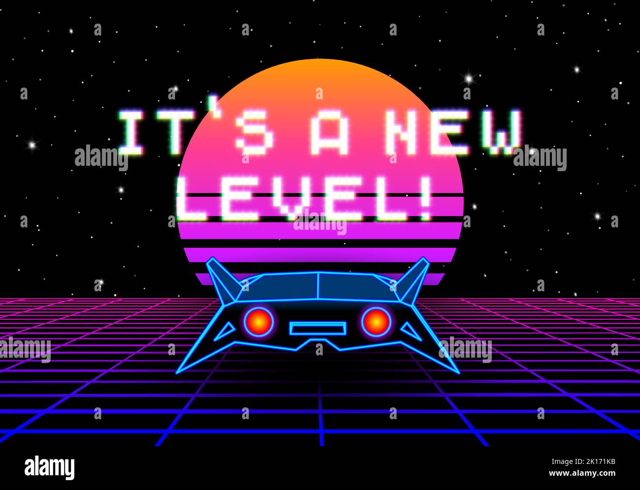 Synthwave greeting card with 80s styled sun, space ship and pixel font ...