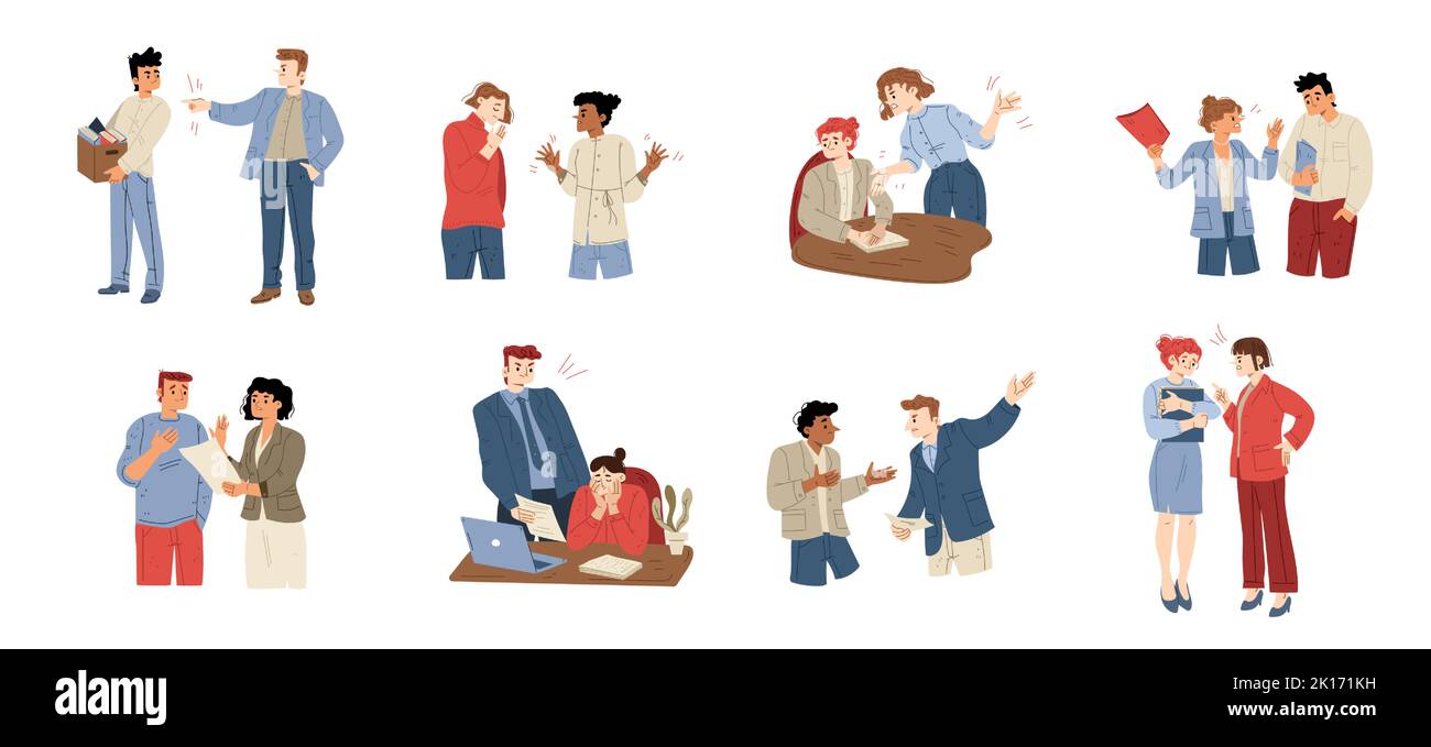 Angry boss yelling at employee, flat vector illustration set. Rude male ...