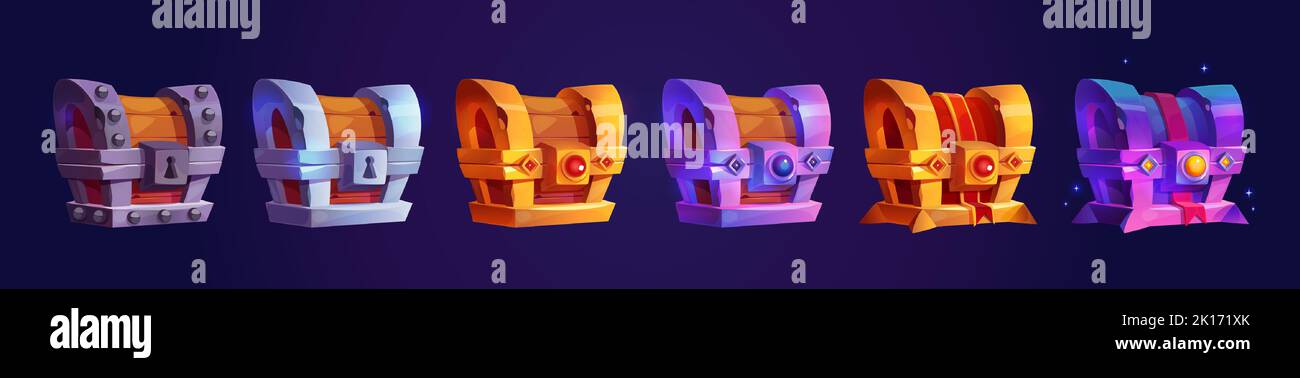 Game icons of wooden treasure chests, closed ancient metal, silver gold ...