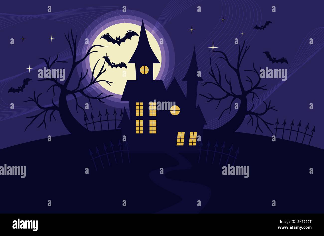 Scary house against the backdrop of a full moon of trees and fences ...