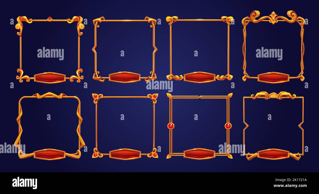 Vintage golden frames with red buttons for rpg game ui banners and ...