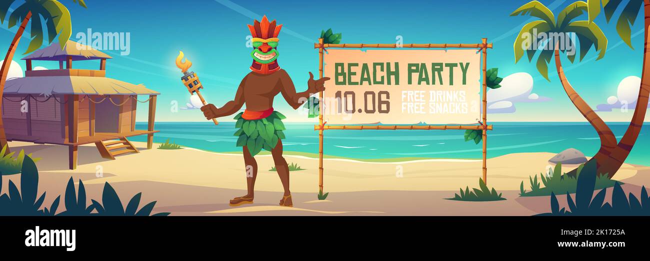 Beach party announcement with Tiki man in mask holding torch on Hawaii ...