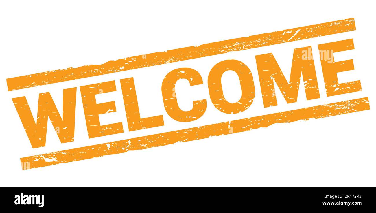 WELCOME text written on orange rectangle stamp sign Stock Photo - Alamy