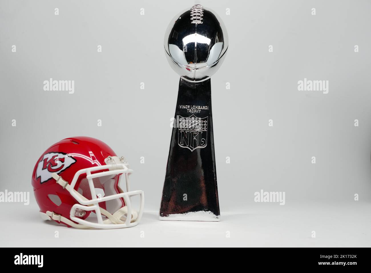 A Kansas City Chiefs helmet and Super Bowl Vince Lombardi Trophy ...