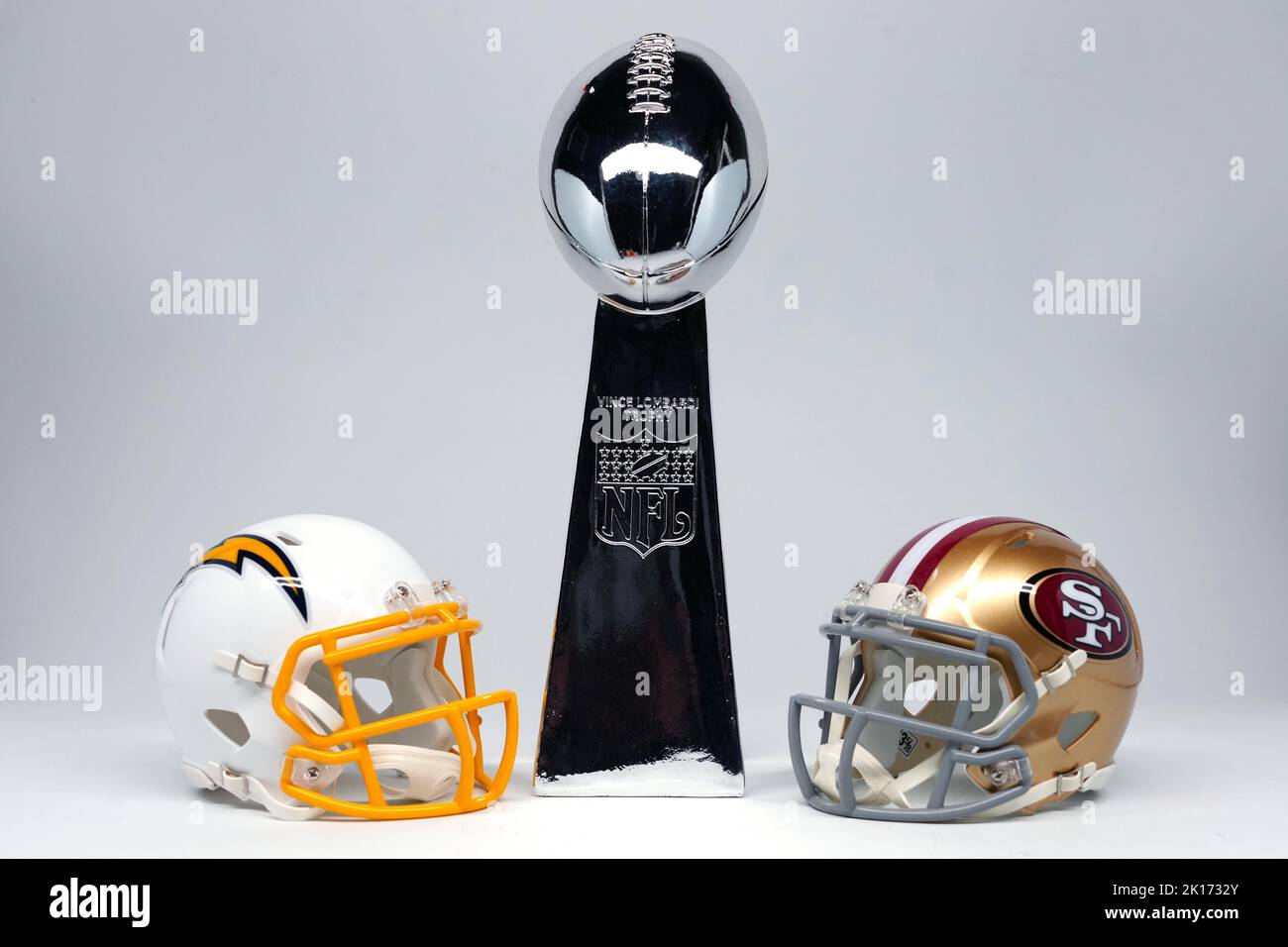 Los Angeles Chargers and San Francisco 49ers helmets with Super Bowl ...