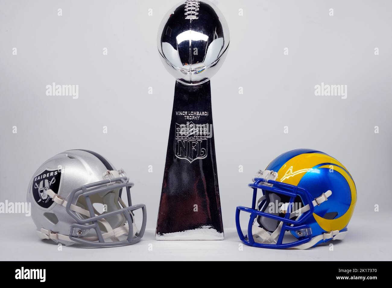Las Vegas Raiders and Los Angeles Rams helmets with Super Bowl Vince ...