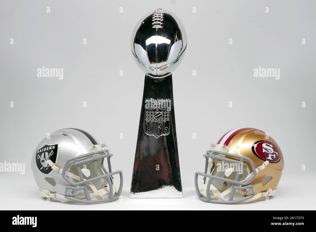 Las Vegas Raiders and San Francisco 49ers helmets with Super Bowl Vince ...