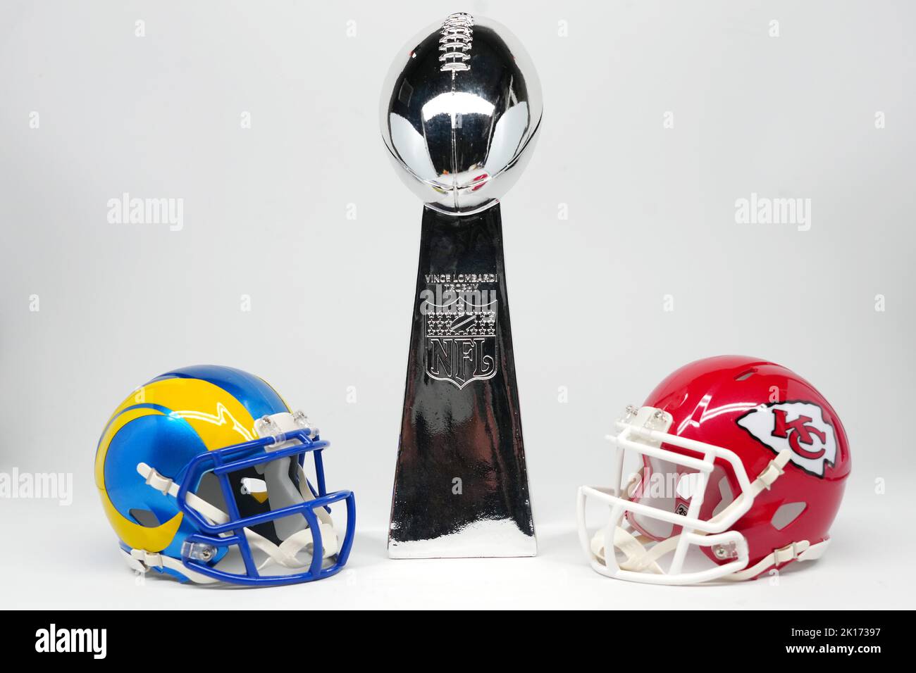 Los Angeles Rams and Kansas City Chiefs helmets with Super Bowl Vince ...