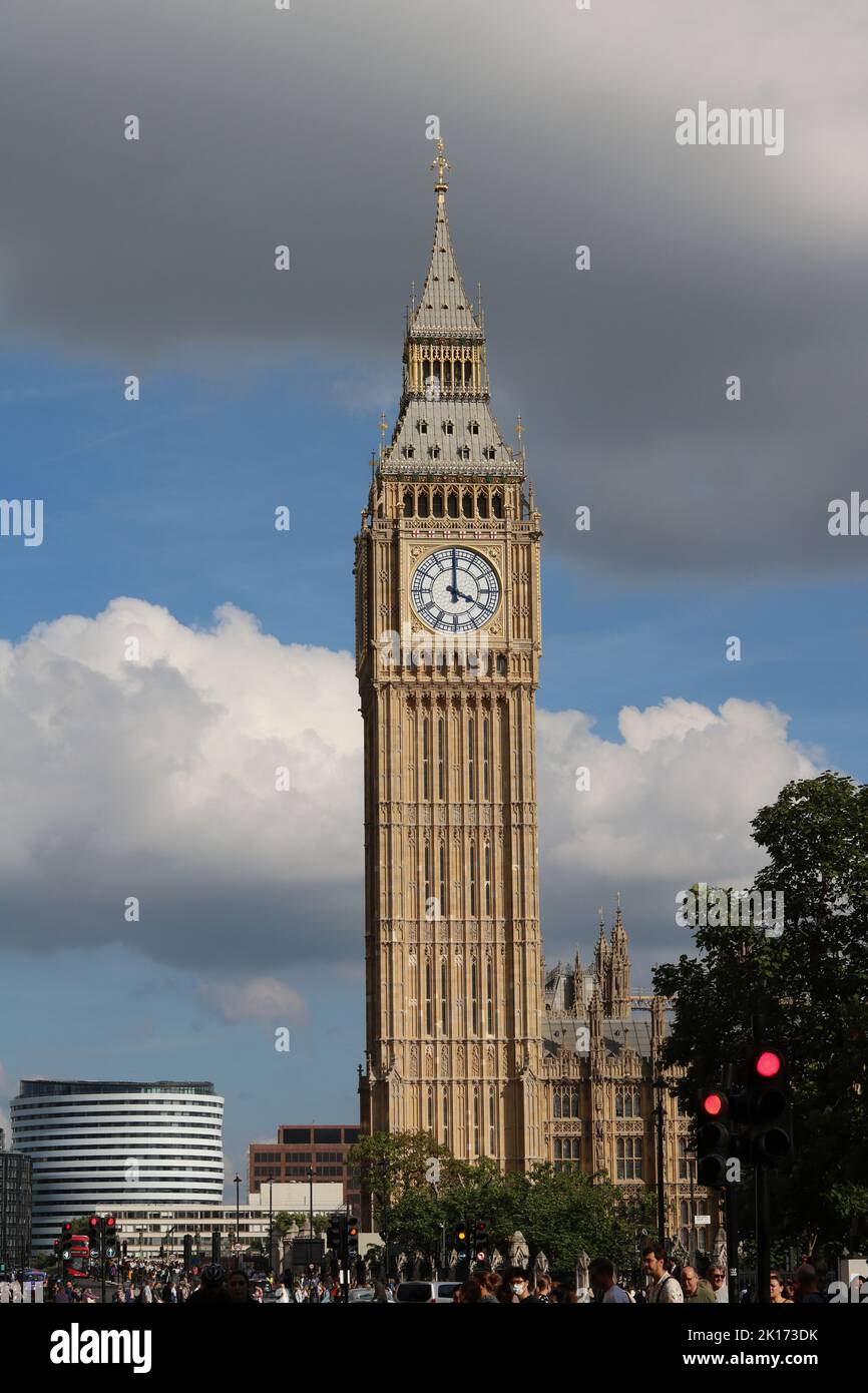 11 September 2022 - London UK: Big Ben from below with grey and blue ...