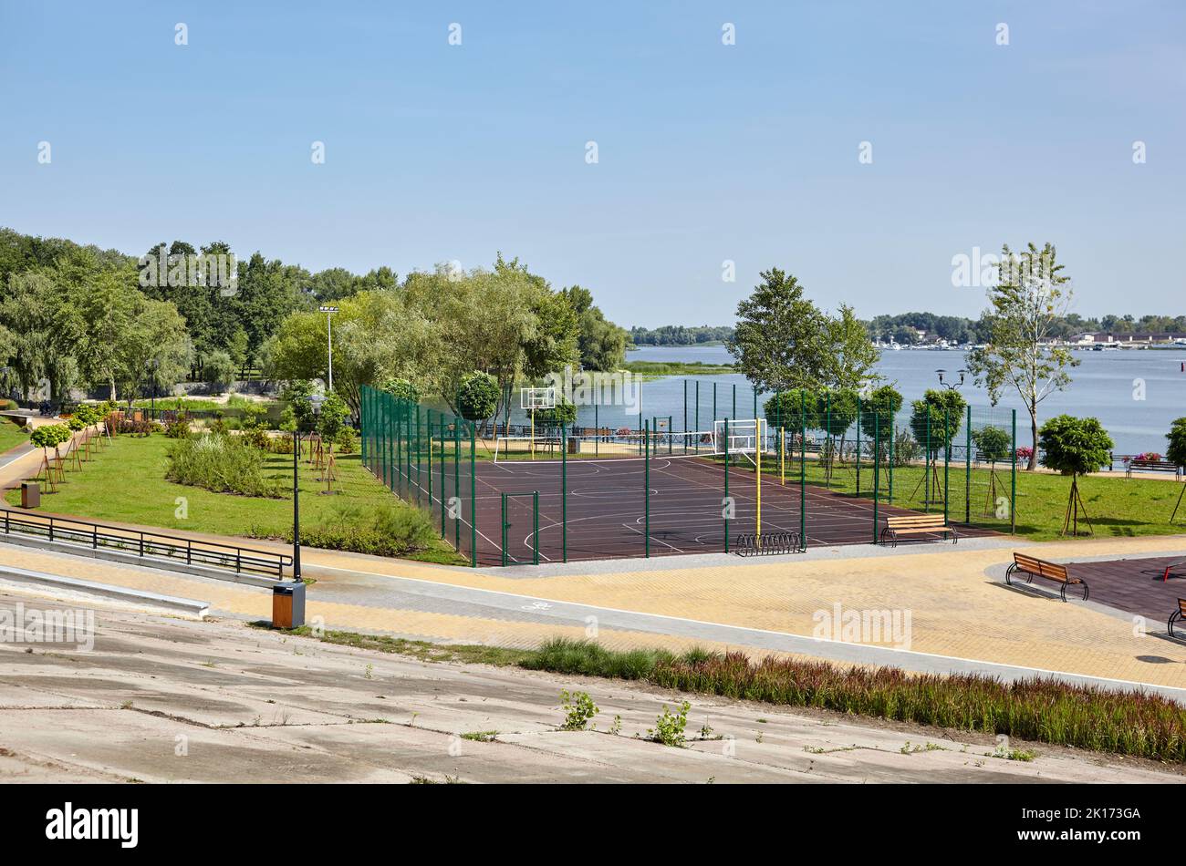 Basketball court in the city park. Recreation area and active games in ...