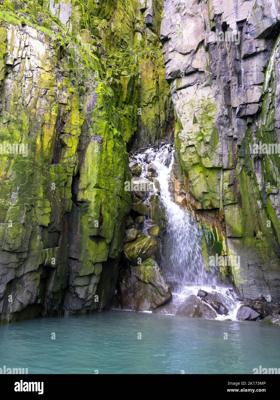 Spectacular view of a Waterfall at a glacier. Alkefjellet bird cliff is ...