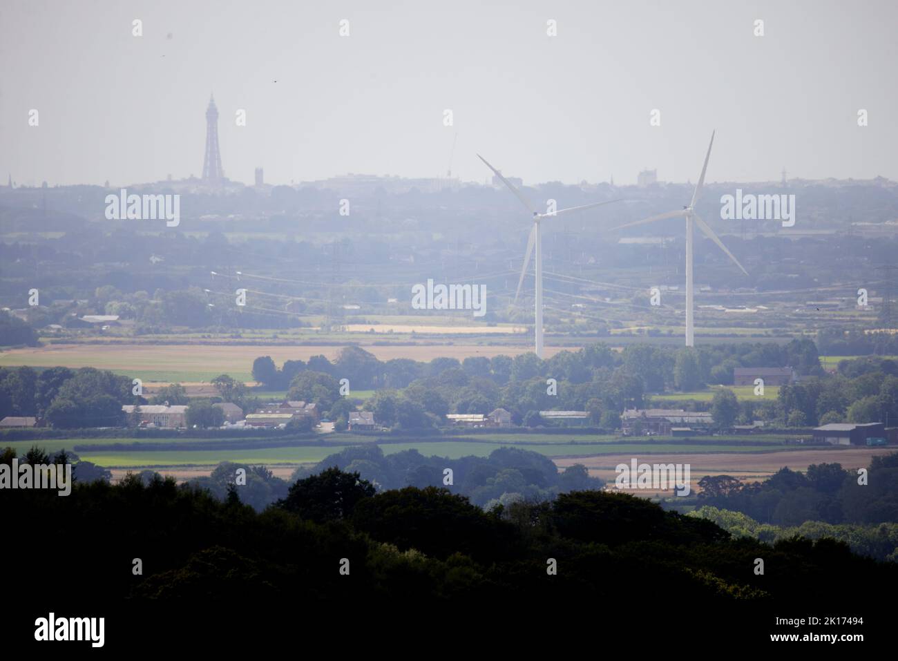 Lancashire countryside with Blackpool tower on the horizon Stock Photo ...