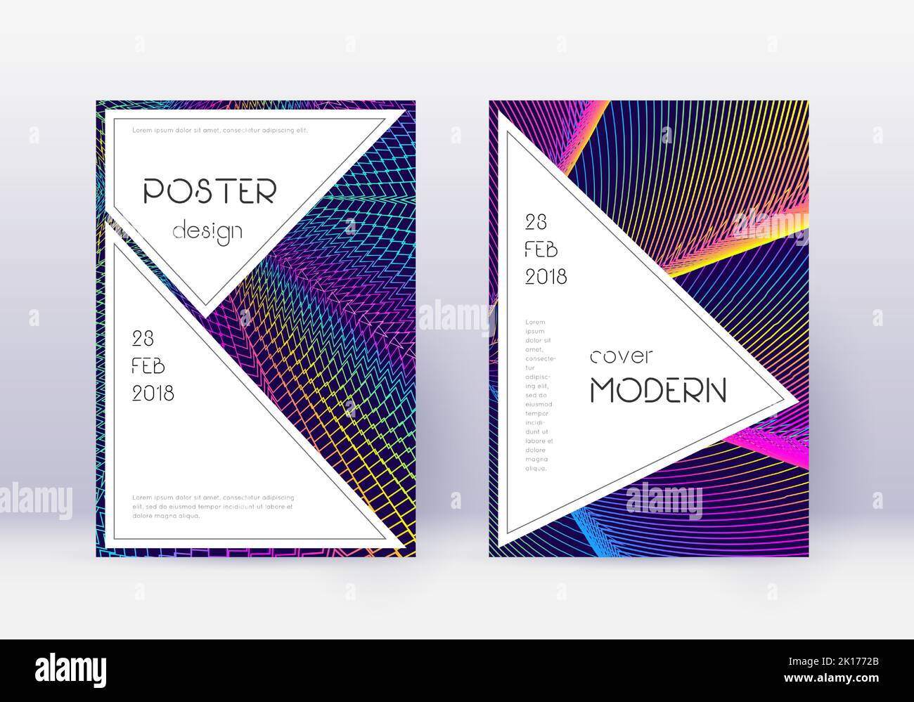 Stylish cover design template set. Rainbow abstract lines on dark blue ...