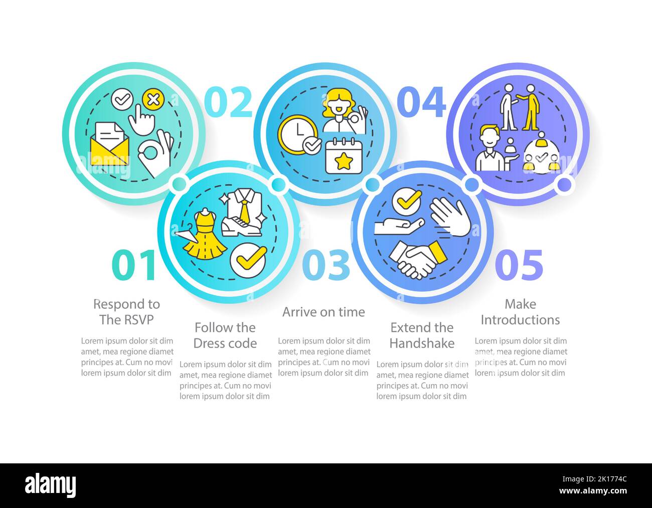 Traditional business event etiquette rules circle infographic template ...