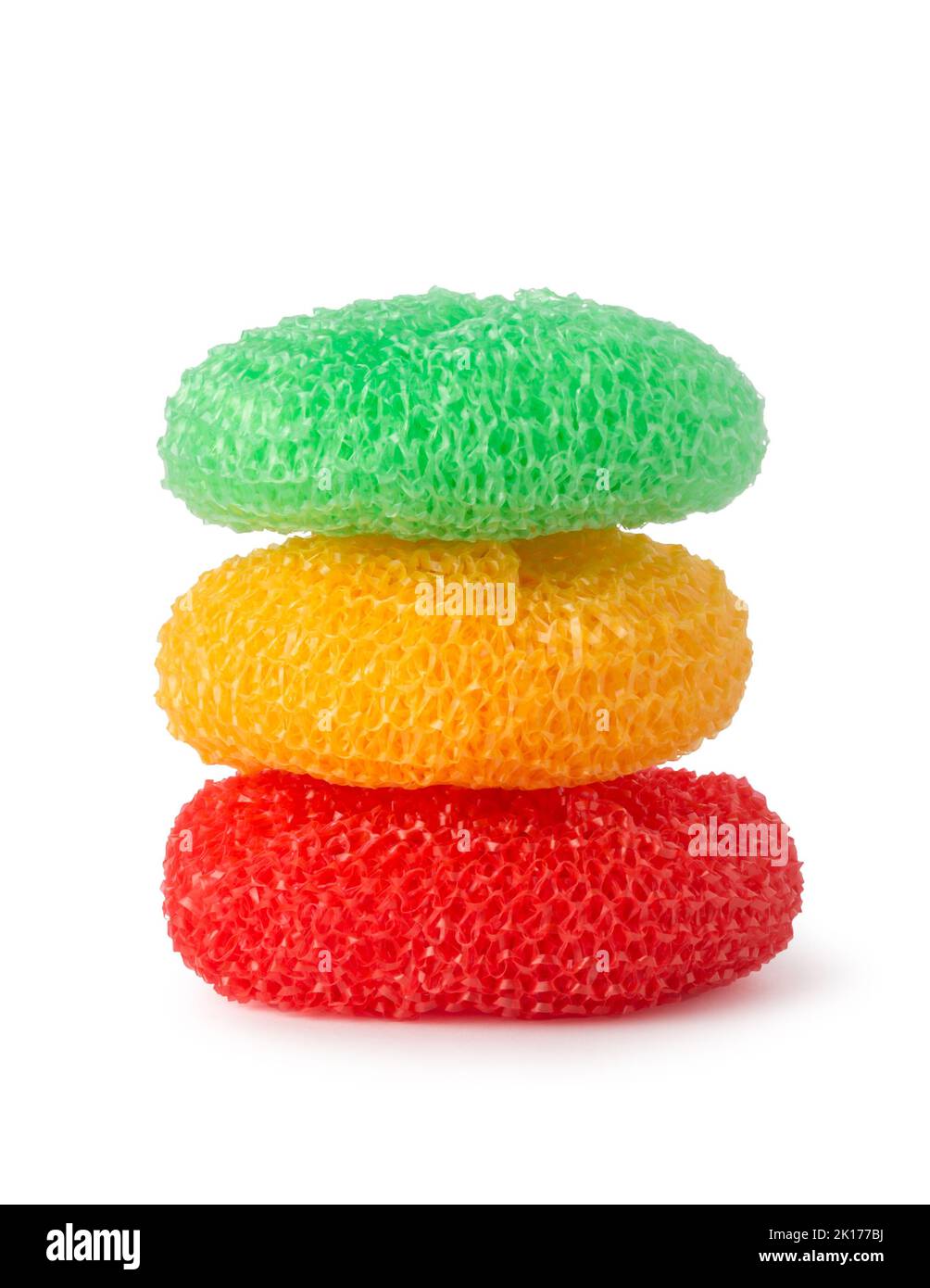 stack of colorful plastic scrubbers or kitchen dish washers, isolated ...