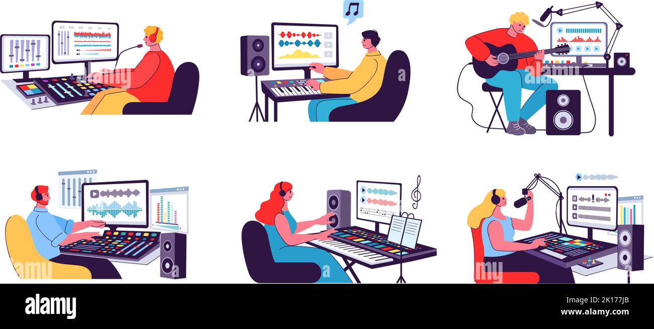 Sound studio workers. Audio engineer, musician record songs and ...