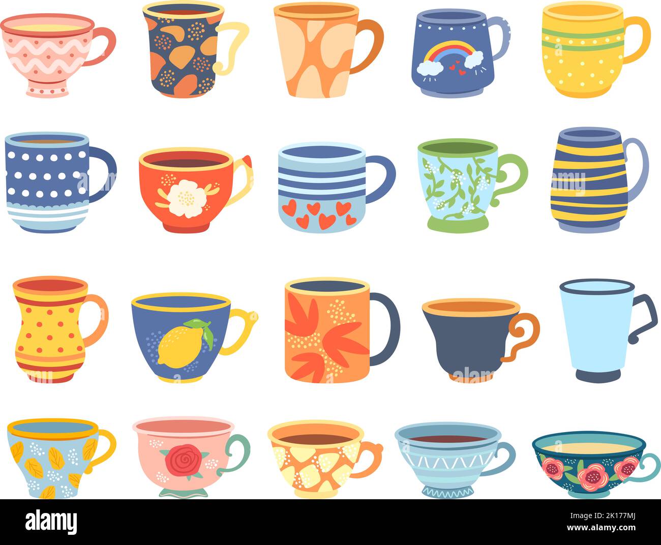 Cartoon cups. Vintage english teacup, coffee cup and kitchen mug. Tea ...