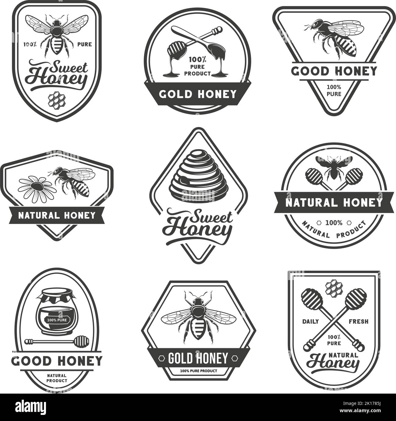 Honey labels. Vintage honeycomb emblem, bee farm stamp and apiary ...