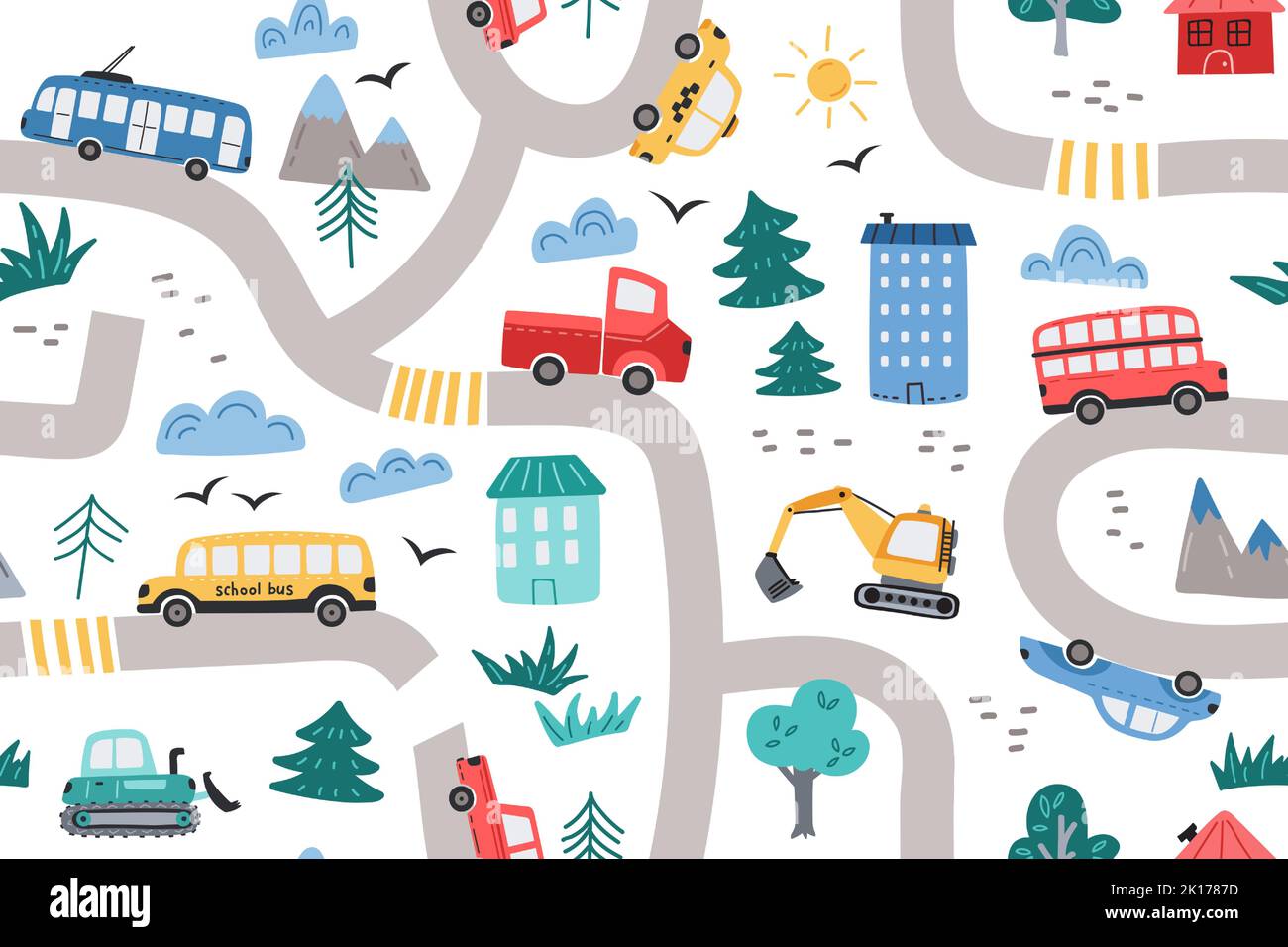 City road pattern. Kids town print with cute little cars, town ...