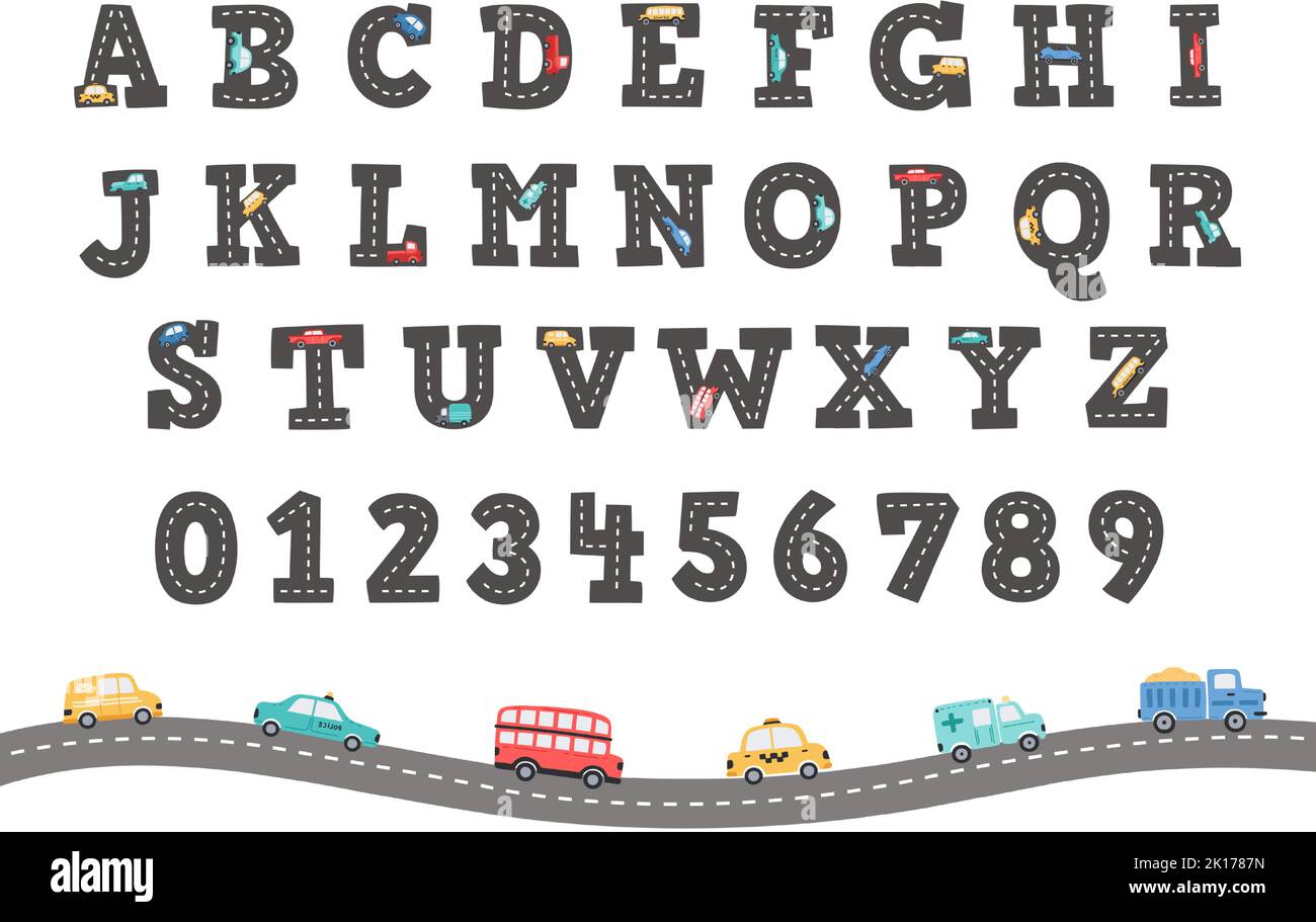 Road alphabet. Funny letters and numbers with hand-drawn trucks and ...