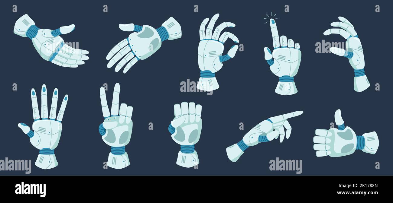 Robot hands gestures. Robotic arm gesture to point, hold and handshake ...