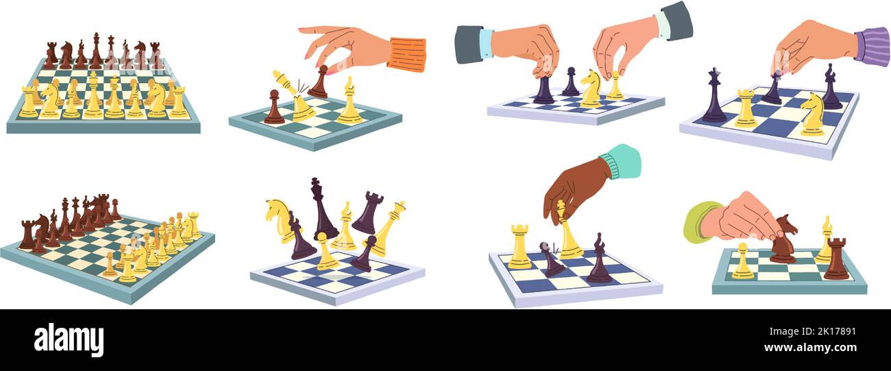 Chess game illustrations. Hands of chess players with pawn, knight and ...