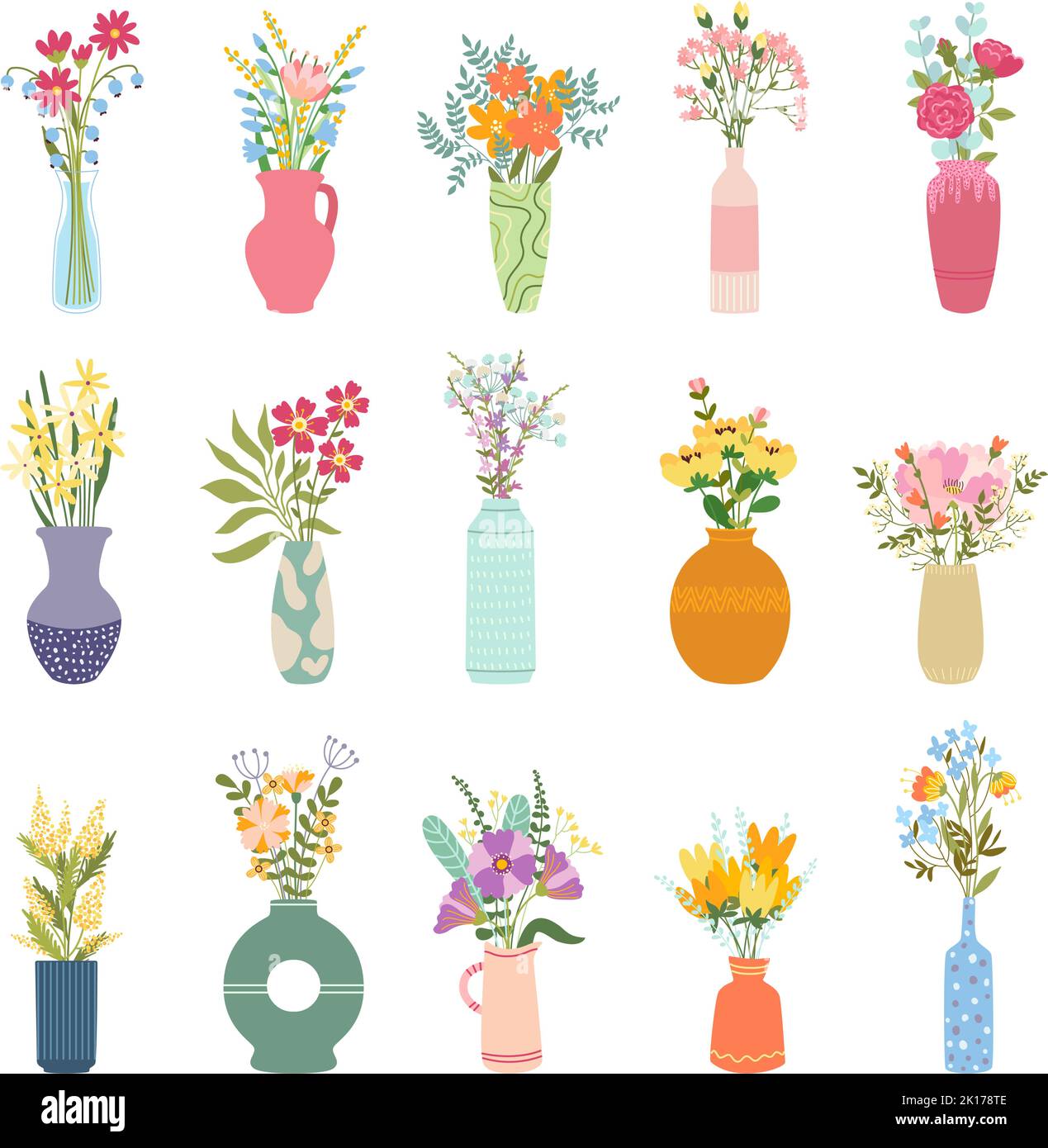 Flowers in vase. Elegant bouquets, bunch of blooming garden plants in ...